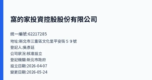 窩的家投資控股股份有限公司的照片-統編 62217285(新北市) 公司登記資料與營業項目詳細圖表