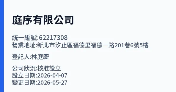 庭序有限公司的照片-統編 62217308 公司登記資料與營業項目詳細圖表