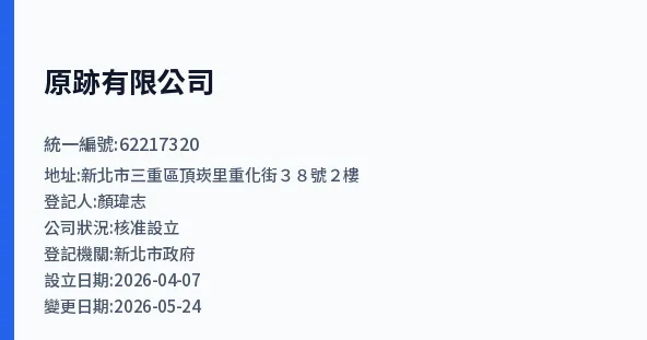 原跡有限公司的照片-統編 62217320(新北市) 公司登記資料與營業項目詳細圖表