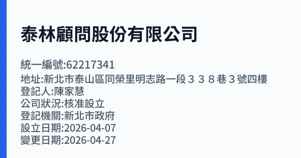 泰林顧問股份有限公司的照片-統編 62217341(新北市) 公司登記資料與營業項目詳細圖表