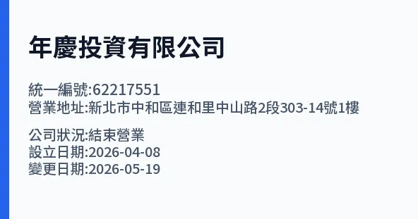 年慶投資有限公司的照片-統編 62217551(新北市) 公司登記資料與營業項目詳細圖表