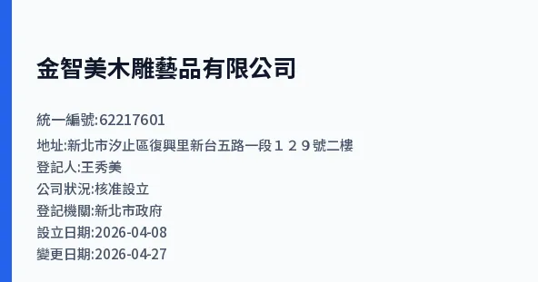 金智美木雕藝品有限公司的照片-統編 62217601(新北市) 公司登記資料與營業項目詳細圖表