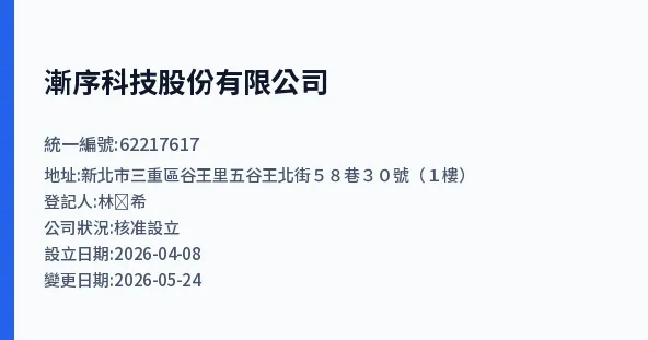 漸序科技股份有限公司的照片-統編 62217617(新北市) 公司登記資料與營業項目詳細圖表
