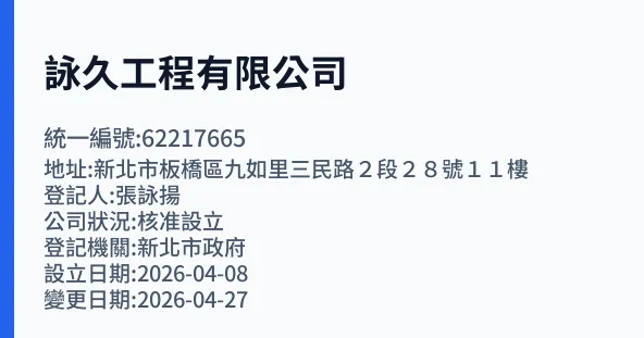 詠久工程有限公司的照片-統編 62217665(新北市) 公司登記資料與營業項目詳細圖表