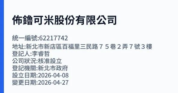 佈鑥可米股份有限公司的照片-統編 62217742(新北市) 公司登記資料與營業項目詳細圖表