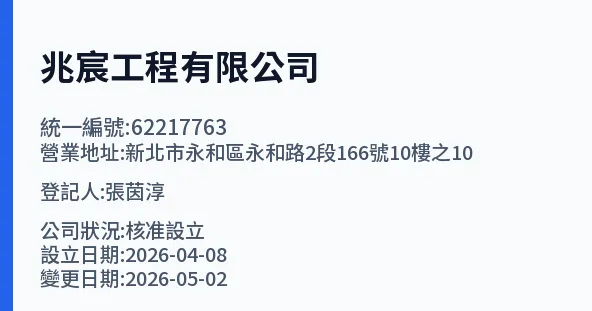 兆宸工程有限公司的照片-統編 62217763(新北市) 公司登記資料與營業項目詳細圖表
