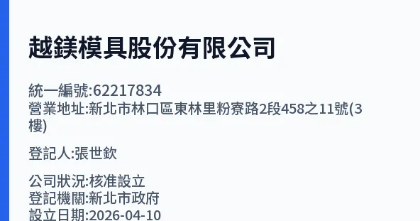 越鎂模具股份有限公司的照片-統編 62217834(新北市) 公司登記資料與營業項目詳細圖表