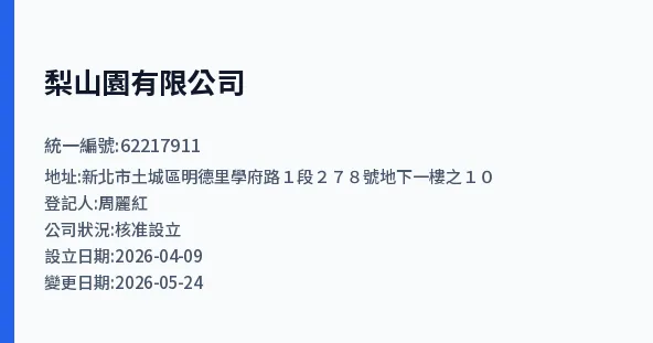 梨山園有限公司的照片-統編 62217911(新北市) 公司登記資料與營業項目詳細圖表