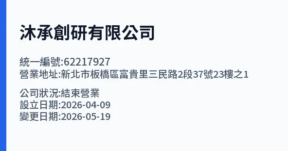 沐承創研有限公司的照片-統編 62217927(新北市) 公司登記資料與營業項目詳細圖表