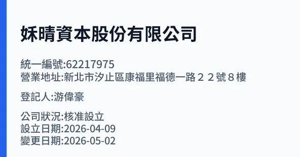 姀晴資本股份有限公司的照片-統編 62217975(新北市) 公司登記資料與營業項目詳細圖表