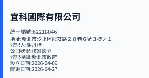 宜科國際有限公司的照片-統編 62218046(新北市) 公司登記資料與營業項目詳細圖表