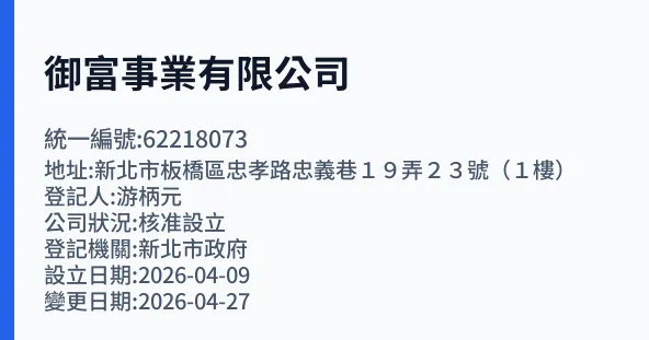 御富事業有限公司的照片-統編 62218073(新北市) 公司登記資料與營業項目詳細圖表