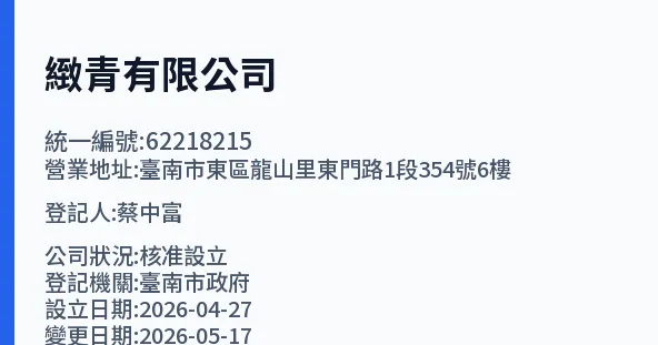 緻青有限公司的照片-統編 62218215(臺南市) 公司登記資料與營業項目詳細圖表