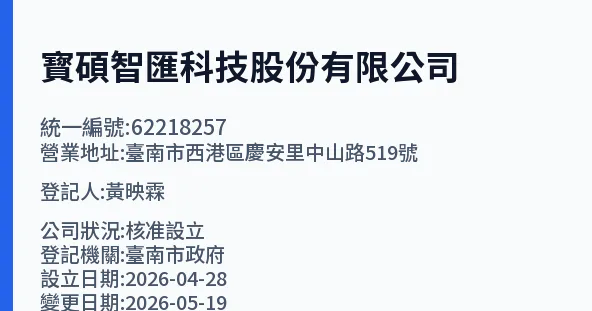 寳碩智匯科技股份有限公司的照片-統編 62218257(臺南市) 公司登記資料與營業項目詳細圖表