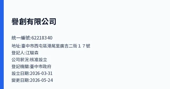 譽創有限公司的照片-統編 62218340(臺中市) 公司登記資料與營業項目詳細圖表