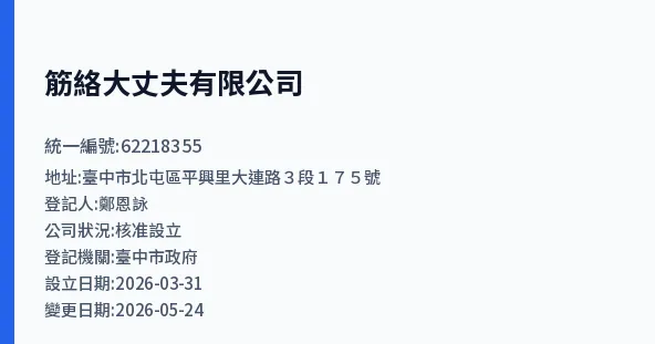 筋絡大丈夫有限公司的照片-統編 62218355(臺中市) 公司登記資料與營業項目詳細圖表