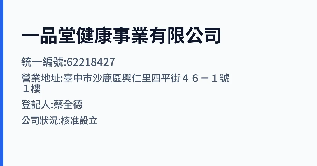 一品堂健康事業有限公司 - 統編 62218427(臺中市) 公司登記資料與營業項目詳細圖表