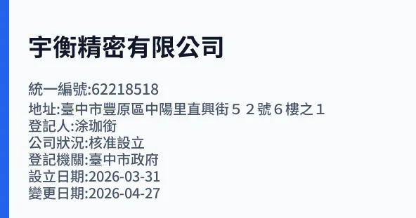 宇衡精密有限公司的照片-統編 62218518(臺中市) 公司登記資料與營業項目詳細圖表