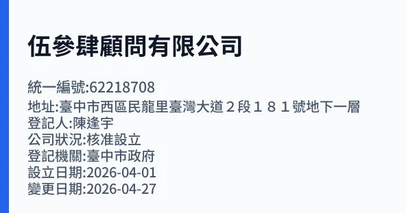 伍參肆顧問有限公司的照片-統編 62218708(臺中市) 公司登記資料與營業項目詳細圖表