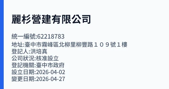 麗杉營建有限公司的照片-統編 62218783(臺中市) 公司登記資料與營業項目詳細圖表
