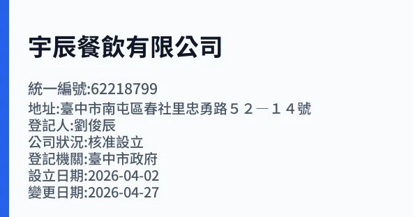 宇辰餐飲有限公司的照片-統編 62218799(臺中市) 公司登記資料與營業項目詳細圖表