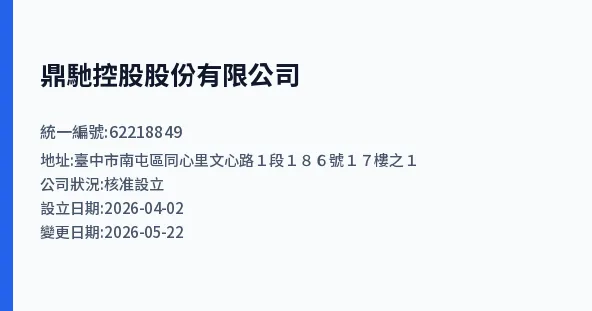 鼎馳控股股份有限公司的照片-統編 62218849(臺中市) 公司登記資料與營業項目詳細圖表