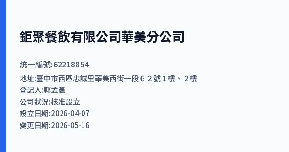 鉅聚餐飲有限公司華美分公司的照片-統編 62218854(臺中市) 公司登記資料與營業項目詳細圖表