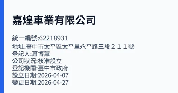 嘉煌車業有限公司的照片-統編 62218931(臺中市) 公司登記資料與營業項目詳細圖表