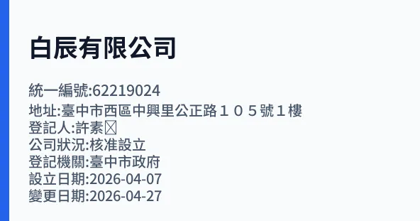 白辰有限公司的照片-統編 62219024(臺中市) 公司登記資料與營業項目詳細圖表