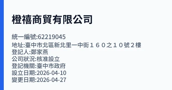 橙禧商貿有限公司的照片-統編 62219045(臺中市) 公司登記資料與營業項目詳細圖表