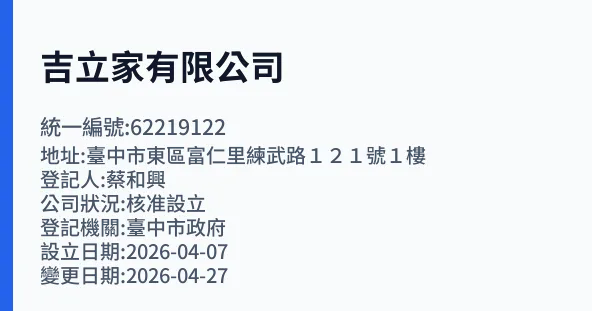 吉立家有限公司的照片-統編 62219122(臺中市) 公司登記資料與營業項目詳細圖表