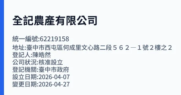 全記農產有限公司的照片-統編 62219158(臺中市) 公司登記資料與營業項目詳細圖表
