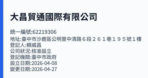 大昌貿通國際有限公司的照片-統編 62219306(臺中市) 公司登記資料與營業項目詳細圖表