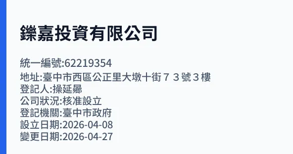鑠嘉投資有限公司的照片-統編 62219354(臺中市) 公司登記資料與營業項目詳細圖表