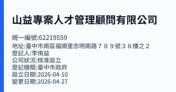 山益專案人才管理顧問有限公司的照片-統編 62219559(臺中市) 公司登記資料與營業項目詳細圖表