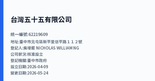 台灣五十五有限公司的照片-統編 62219609(臺中市) 公司登記資料與營業項目詳細圖表