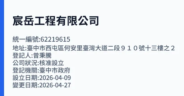 宸岳工程有限公司的照片-統編 62219615(臺中市) 公司登記資料與營業項目詳細圖表