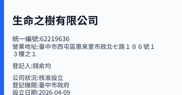 生命之樹有限公司的照片-統編 62219636(臺中市) 公司登記資料與營業項目詳細圖表