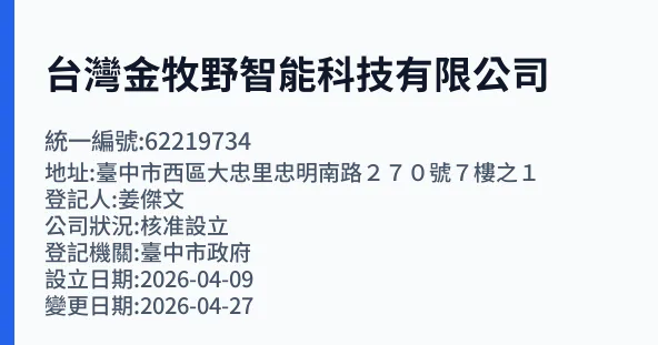 台灣金牧野智能科技有限公司的照片-統編 62219734(臺中市) 公司登記資料與營業項目詳細圖表