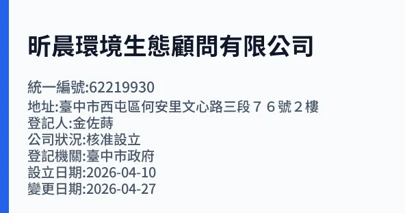 昕晨環境生態顧問有限公司的照片-統編 62219930(臺中市) 公司登記資料與營業項目詳細圖表