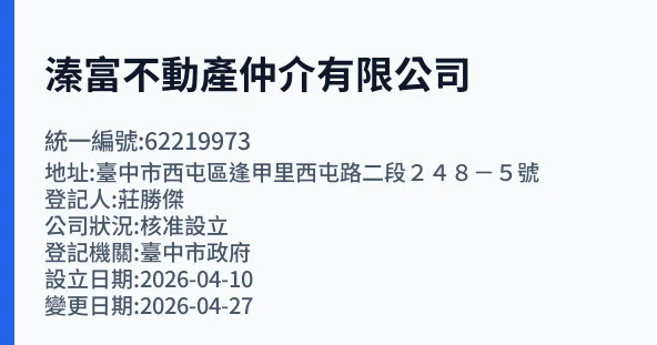 溱富不動產仲介有限公司的照片-統編 62219973(臺中市) 公司登記資料與營業項目詳細圖表