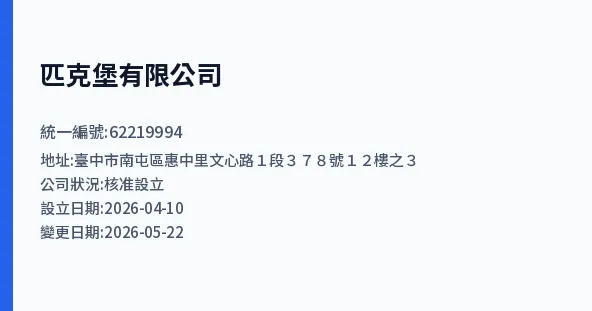 匹克堡有限公司的照片-統編 62219994(臺中市) 公司登記資料與營業項目詳細圖表