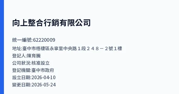 向上整合行銷有限公司的照片-統編 62220009(臺中市) 公司登記資料與營業項目詳細圖表