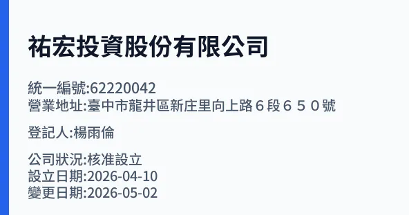 祐宏投資股份有限公司的照片-統編 62220042(臺中市) 公司登記資料與營業項目詳細圖表