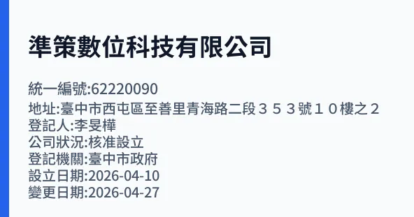 準策數位科技有限公司的照片-統編 62220090(臺中市) 公司登記資料與營業項目詳細圖表