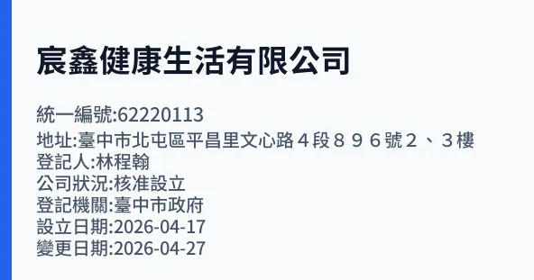 宸鑫健康生活有限公司的照片-統編 62220113(臺中市) 公司登記資料與營業項目詳細圖表