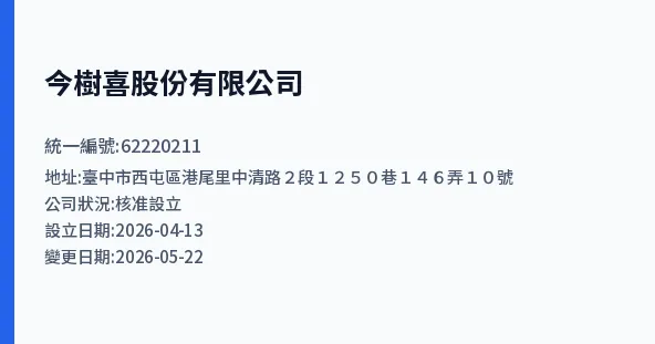 今樹喜股份有限公司的照片-統編 62220211(臺中市) 公司登記資料與營業項目詳細圖表