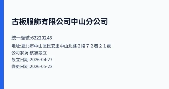 古板服飾有限公司中山分公司的照片-統編 62220248(臺北市) 公司登記資料與營業項目詳細圖表
