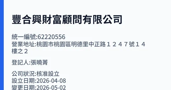豐合興財富顧問有限公司的照片-統編 62220556(桃園市) 公司登記資料與營業項目詳細圖表