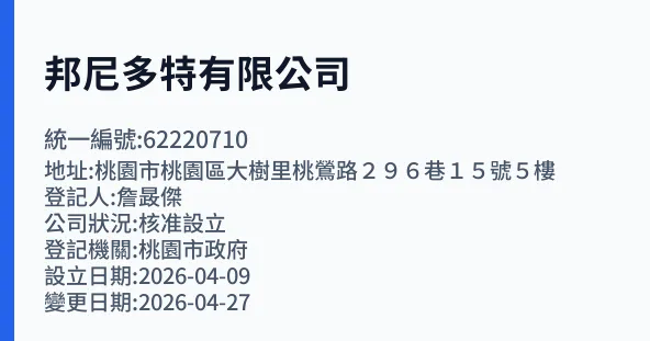 邦尼多特有限公司的照片-統編 62220710(桃園市) 公司登記資料與營業項目詳細圖表